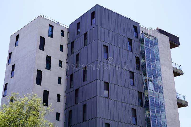 High Modern White Line Facade Grey Building with Balcony in City Stock ...