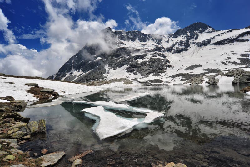 High Mountain Scenery with Lake and Snow Stock Image - Image of light ...