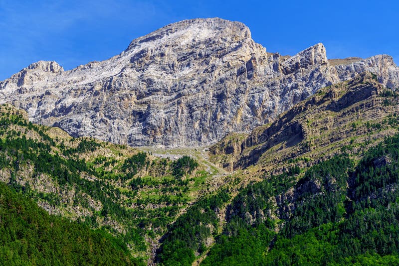 High Mountain Summit, Vertical Rock Wall in Pyrenees Ordesa. Challenge ...