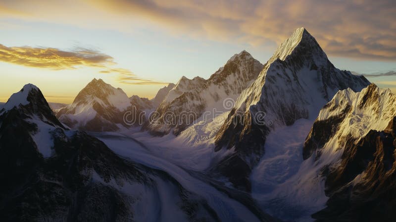 High Mountains with Sharp Summits in Snow at Sunset with Fluffy Clouds ...