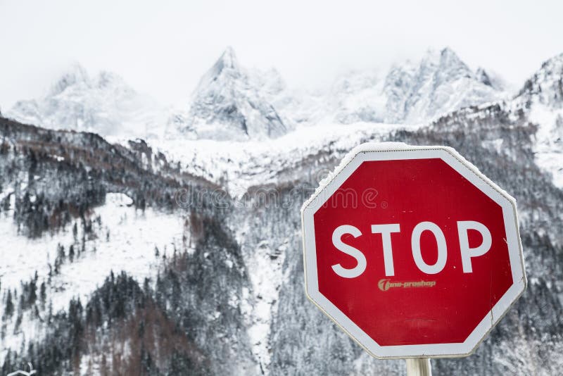 High Mountains and Stop Sign Stock Photo - Image of snowy, france: 49798302