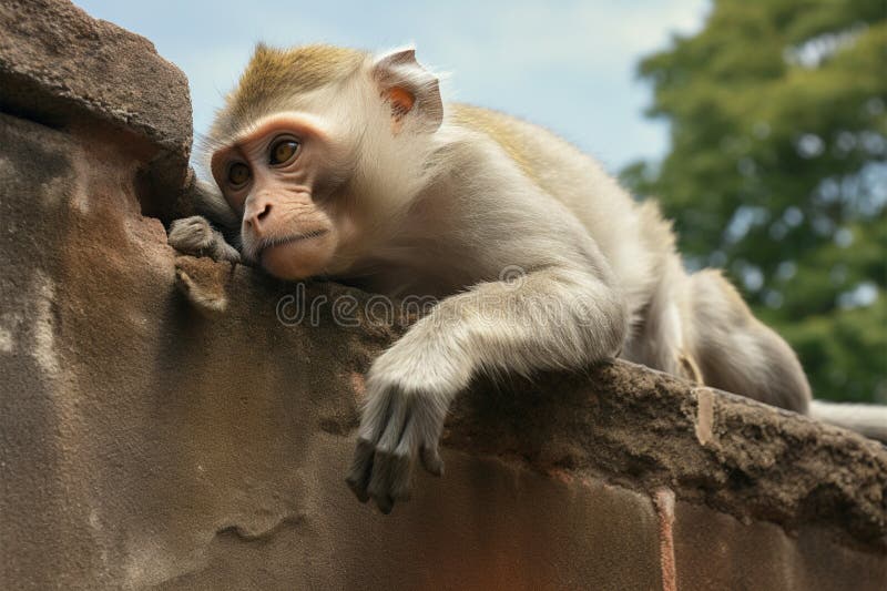 High Observer Monkey Situated on a Wall, Observing Its Surroundings ...