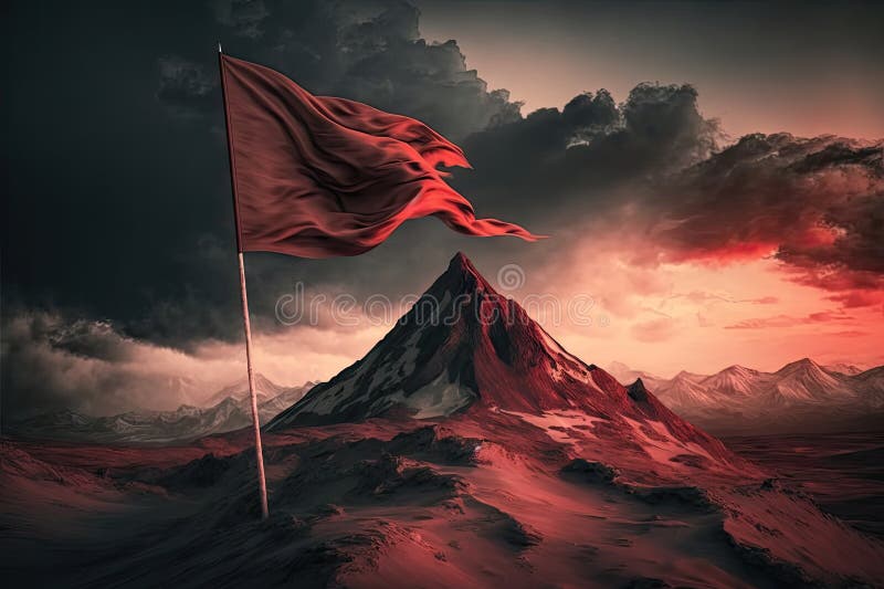 High Peak with Red Flag Against Dramatic Sunset Sky Stock Photo - Image ...