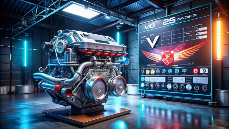 High-performance Automobile Engine Displayed in a Futuristic Workshop ...
