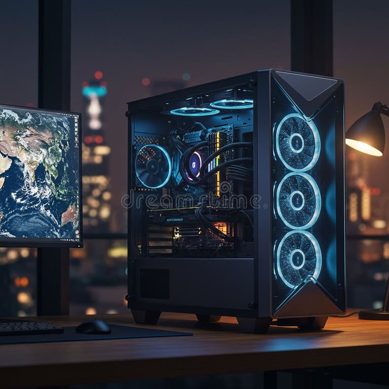 A High-performance Desktop Computer Setup on a Wooden Desk Against a ...