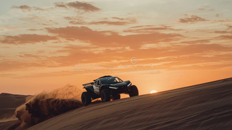 High Performance Dune Buggy Launching Off Dune at Sunset in Desert ...