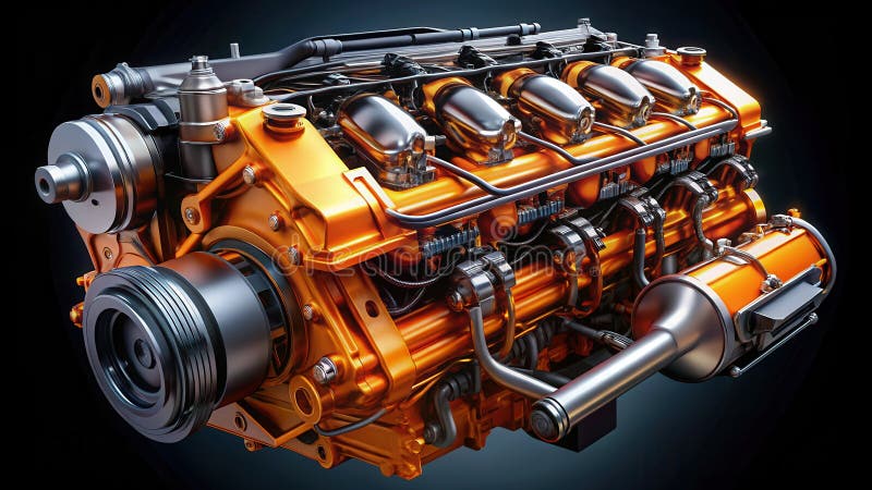 High-performance Engine, Metallic Orange and Black, Detailed Mechanical ...