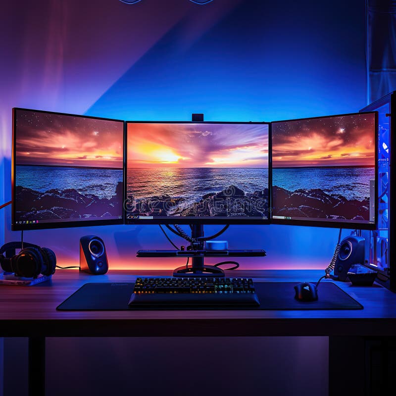 High Performance Gaming PC with Lighting and Dual Monitors Stock ...