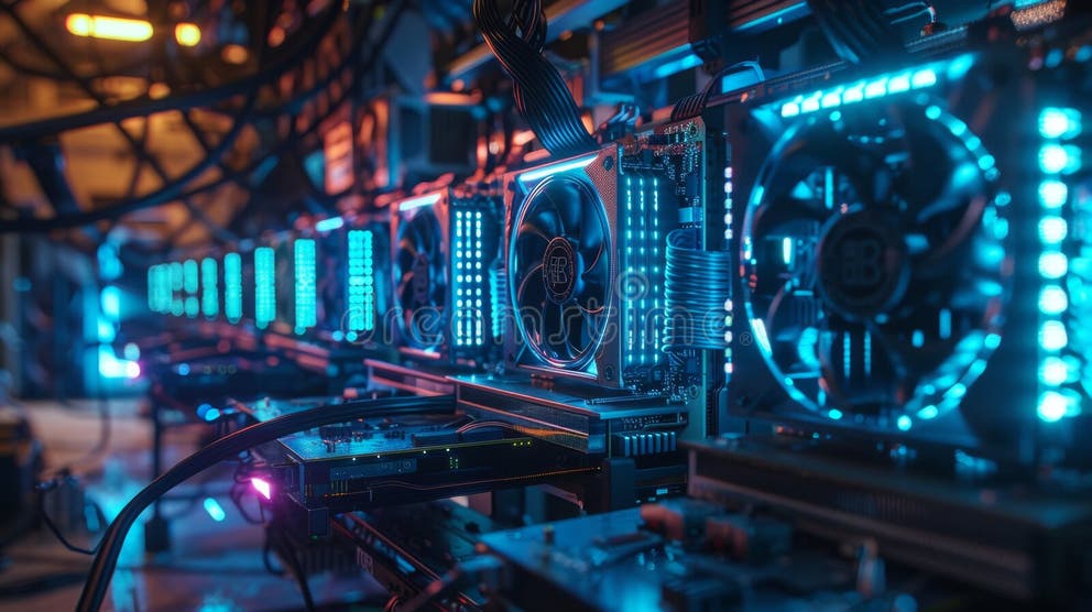 High-performance GPU Mining Rig Glowing with Blue LED Lights in Dark ...