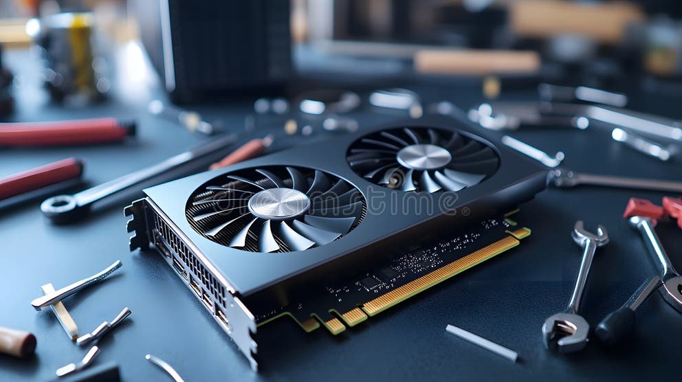 High-Performance Graphics Card on Workbench Surrounded by Tools and ...