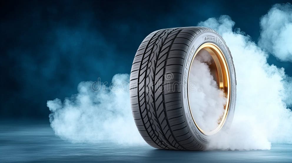 High-performance Tire with Smoke Effect on Blue Background Stock ...