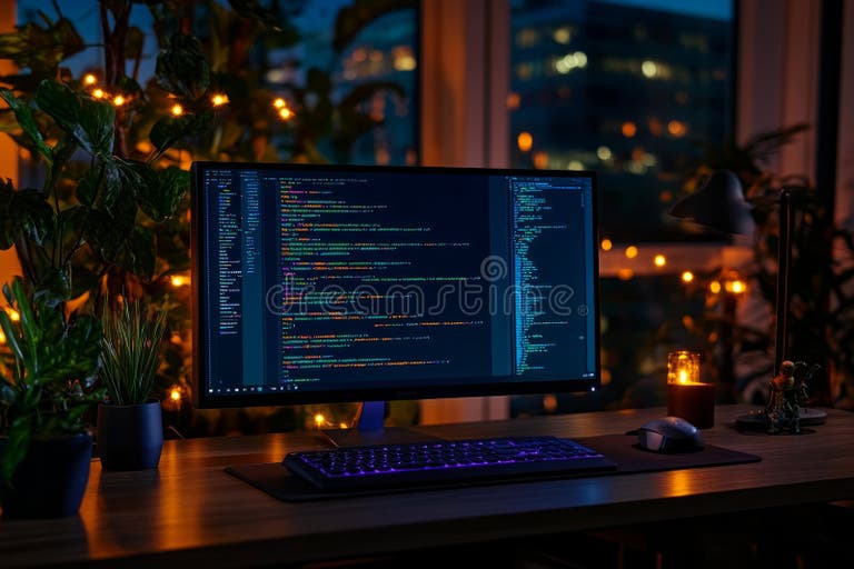 High-performance Workspace Glows with Creativity during Nighttime Coding Session. Generative AI ...