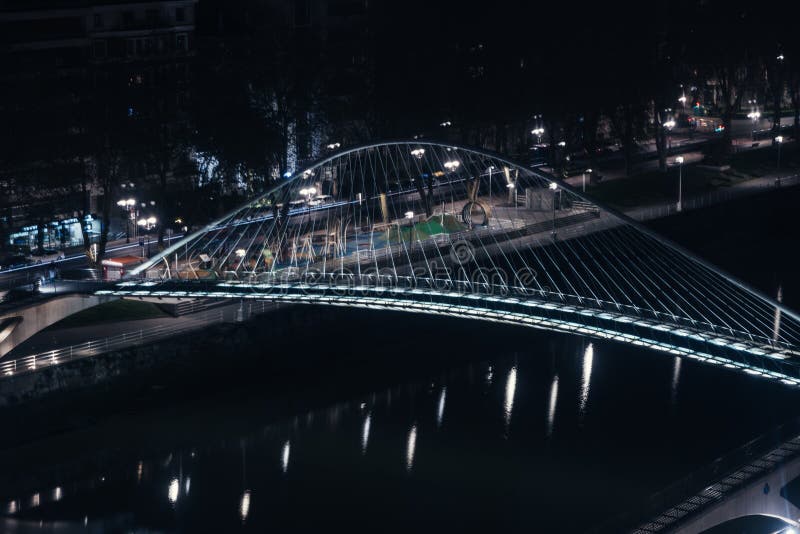 High Perspective Long Exposure View of Zubizuri Bridge at Night in ...