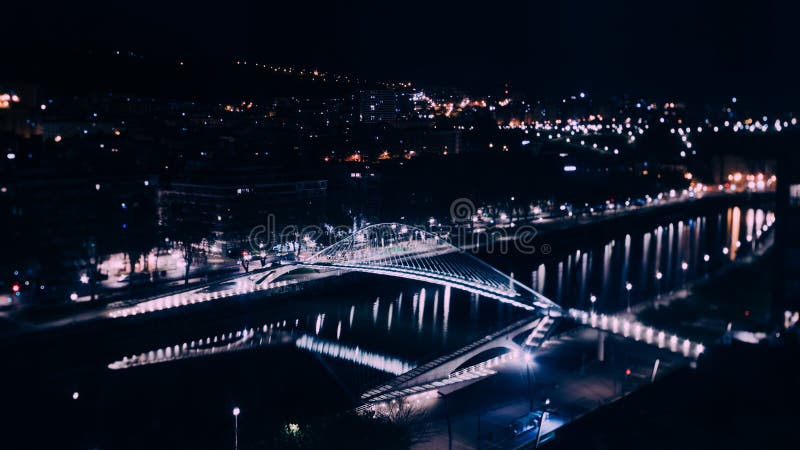 High Perspective Long Exposure View of Zubizuri Bridge at Night in ...