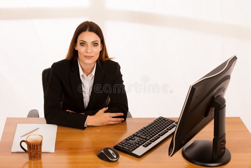 High Perspective View of Business Woman Working in Office Stock Photo ...