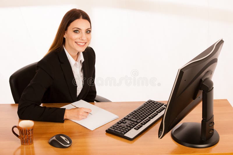 High Perspective View of Business Woman Working in Office Stock Image ...