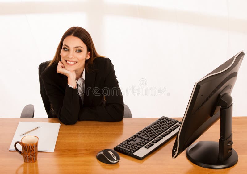 High Perspective View of Business Woman Working in Office Stock Photo ...