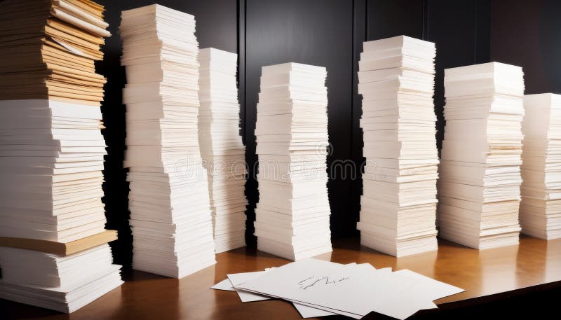 High Piles of Paperwork in a Modern Office Setting Stock Image - Image ...