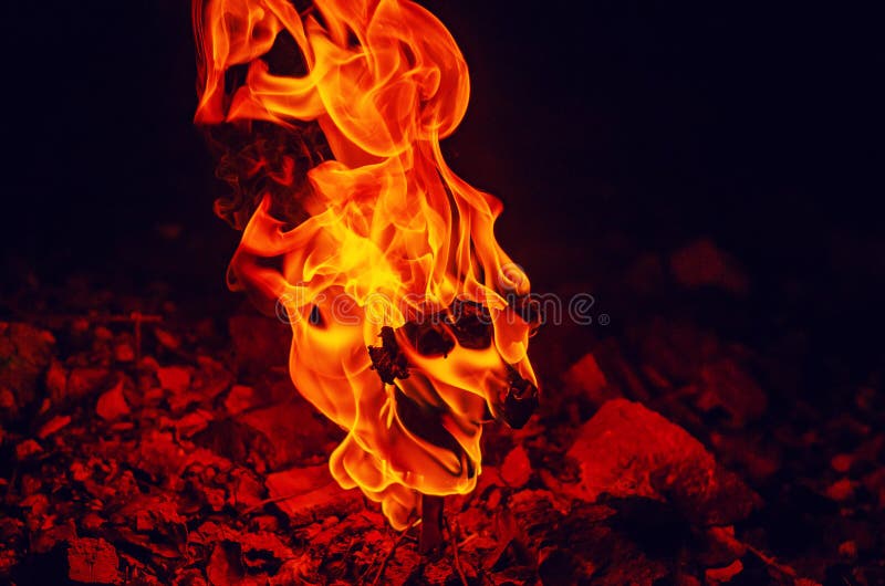 High Pillar of Fire Coming Out of the Stone. Red Fire Burning Flame ...