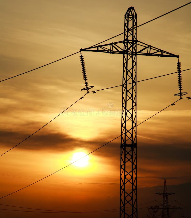 High Power Electric Line Towers at Dramatic Sunset Stock Photo - Image ...