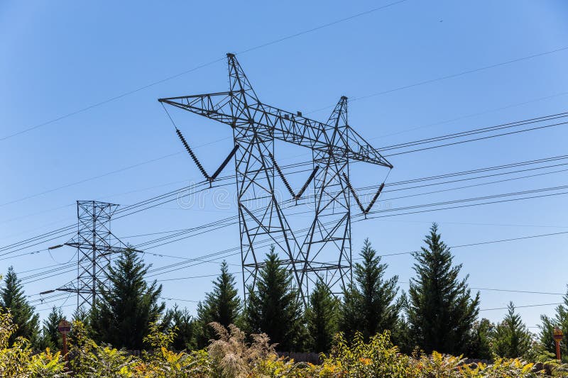 High Power Lines Over Green Trees Stock Image - Image of electrical ...