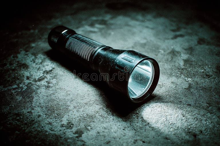 High-powered Flashlight Resting on a Concrete Surface in a Dimly Lit ...