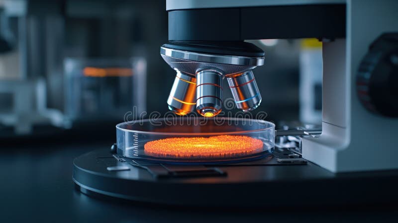 High Powered Microscope with Glowing Bacteria Sample Under Observation ...