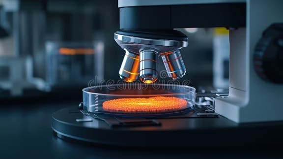 High Powered Microscope with Glowing Bacteria Sample Under Observation ...