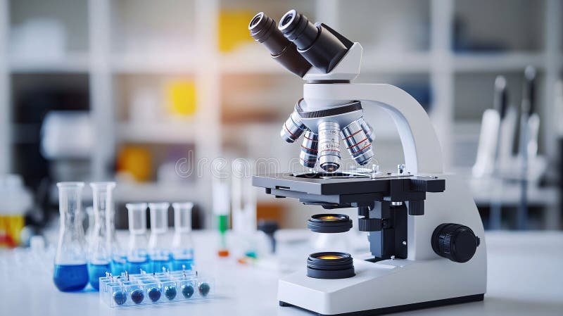 High-Powered Microscope Side View in Laboratory Setting Stock Image ...