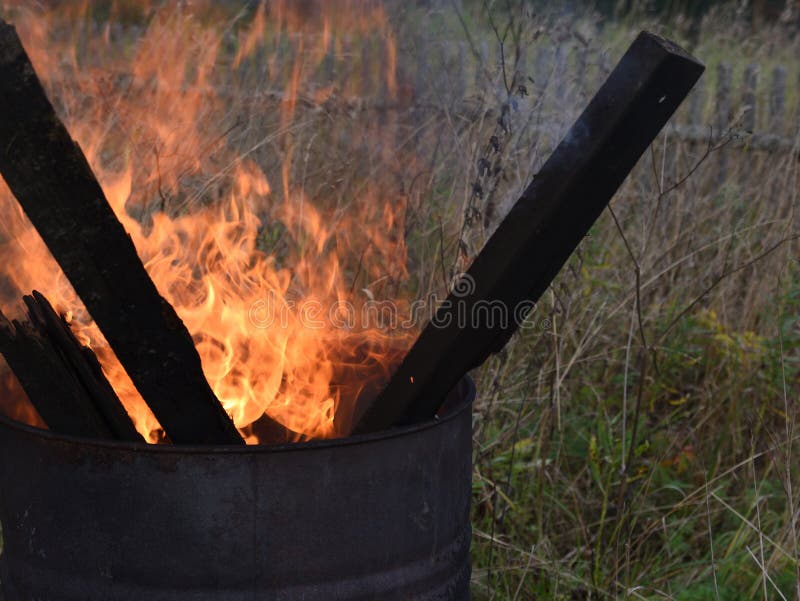 High Powerful Bonfire Flame from Planks Burnt in an Iron Barrel Stock ...