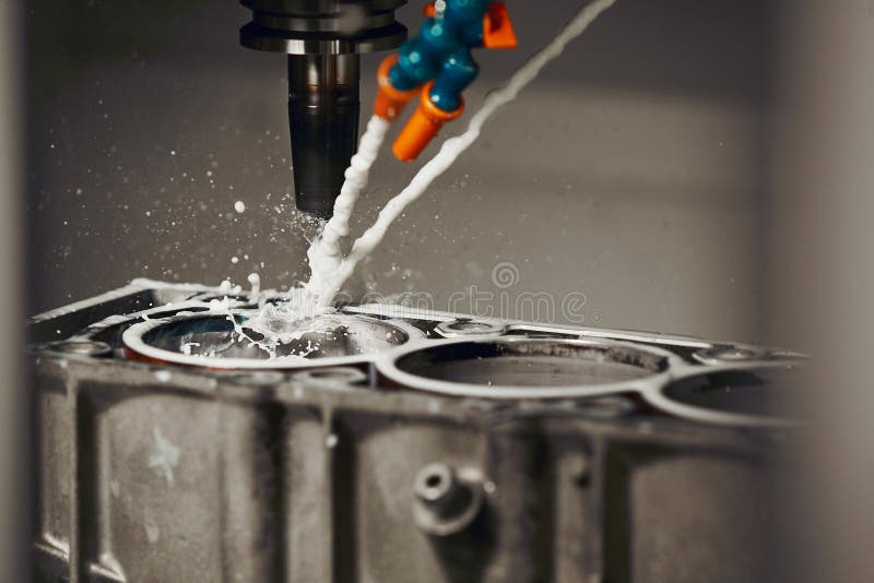 High Precision Cnc Milling Machine Makes Holes in the Car Engine. Stock ...