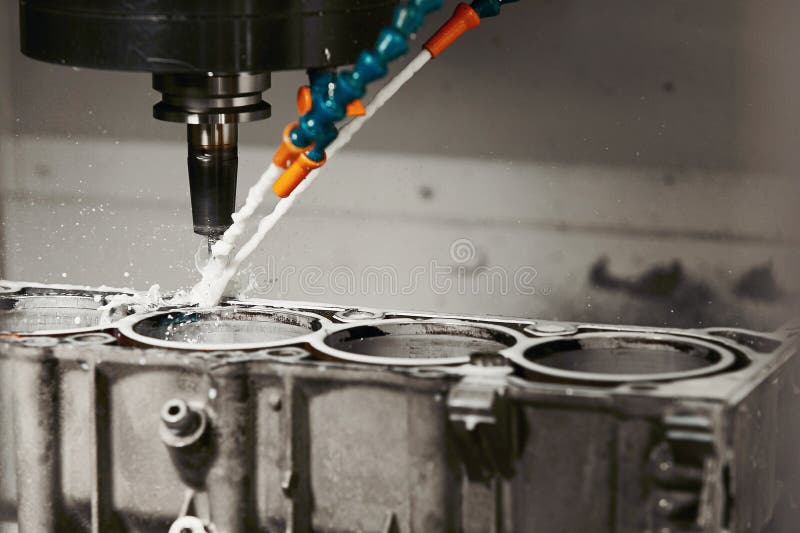 High Precision Cnc Milling Machine Makes Holes in the Car Engine. Stock ...