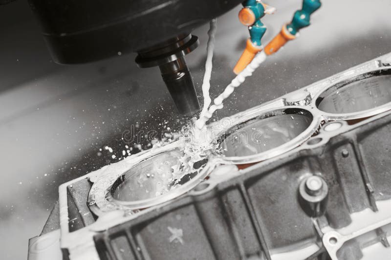 High Precision Cnc Milling Machine Makes Holes in the Car Engine. Stock ...