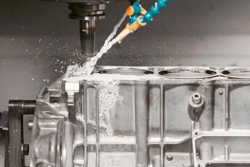 High Precision Cnc Milling Machine Makes Holes in the Car Engine. Stock ...