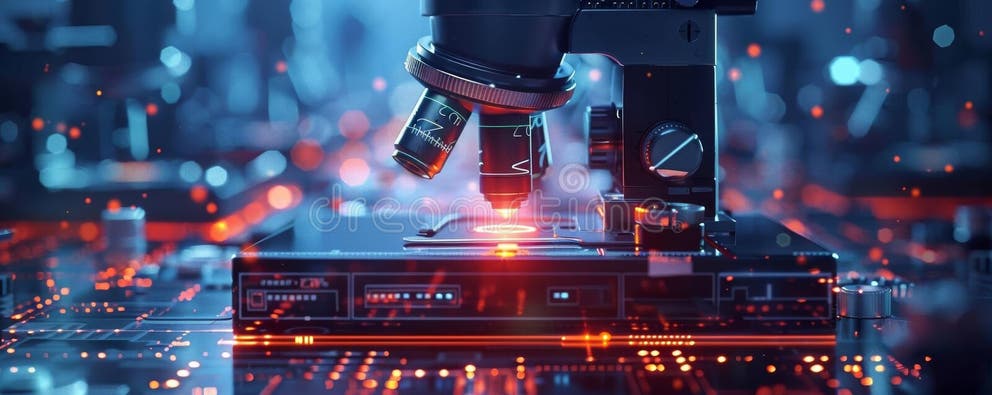 High-Precision Microscope Laborator with Glowing Circuitry Stock ...