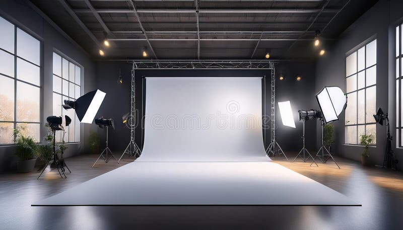 High Professional Photo Studio with Large White Backdrop and Lighting ...