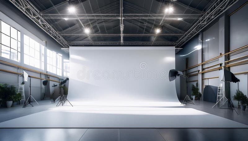 High Professional Photo Studio with Large White Backdrop and Lighting ...