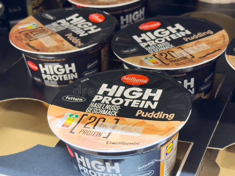 High Protein Hazelnut Pudding Cups on Display in Grocery Store Shelf ...