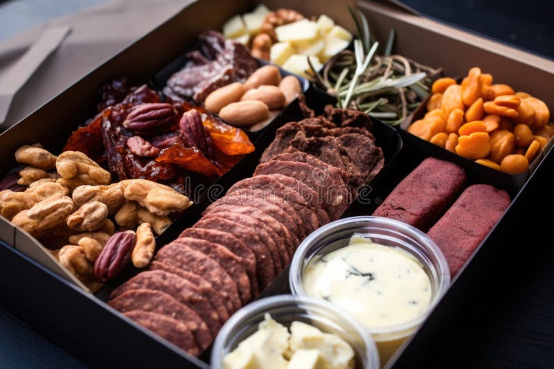 High Protein Snack Box Filled with Jerky, Cheese and Nuts Stock Photo ...