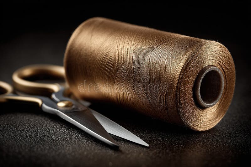 High-quality Brown Thread with Scissors Placed on a Dark Surface ...