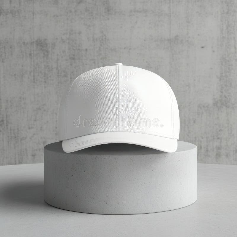 High-quality 3D Render of a Blank White Snapback Cap Mockup on a Cylindrical Grey Stand Stock ...