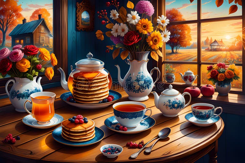 A High-quality, Detailed Cozy Room Interior with a Delectable Spread of ...