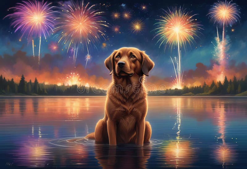 A High Quality Digital Painting of a Dog Watching Fireworks Stock ...