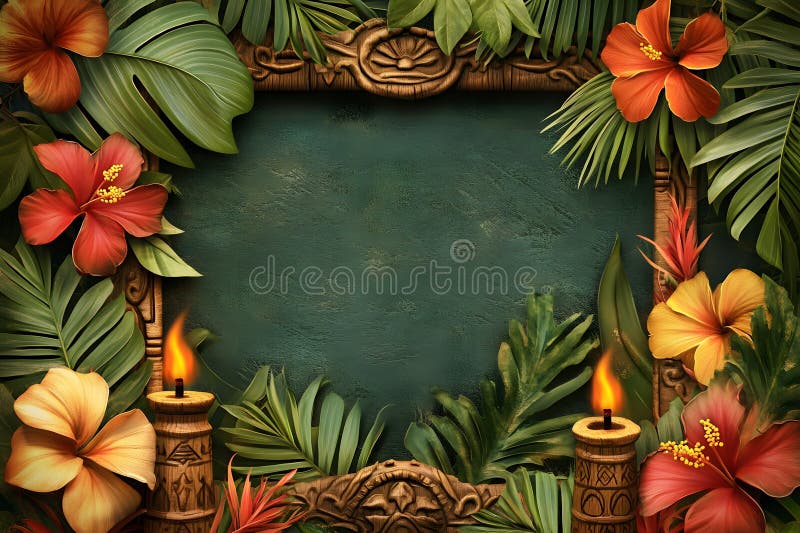 Festive Luau Frame Combining Hibiscus Blooms and Tiki Designs Stock ...