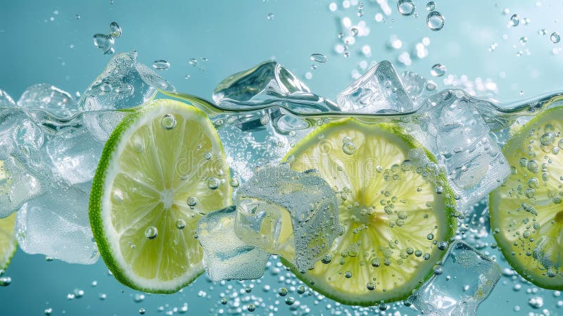 High Quality Frontal Photo of Lime Slices and Ice Underwater on Light ...