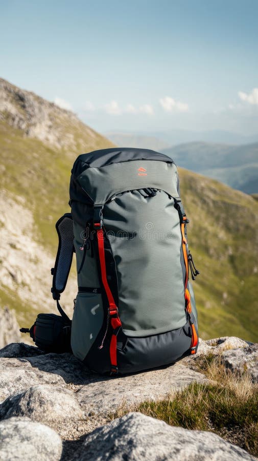 A Stylish Hiking Backpack Rests on Rocky Terrain Under a Bright Blue ...