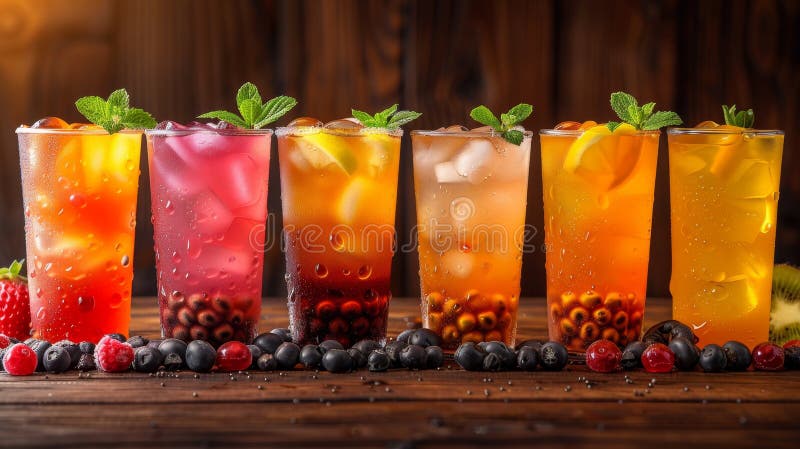 An Array of Colorful Bubble Tea Drinks with Tapioca Pearls, Showcasing ...