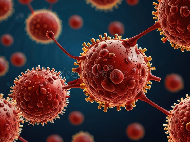 Detailed Microscopic View of a Red Virus, Showcasing Cellular Structure ...