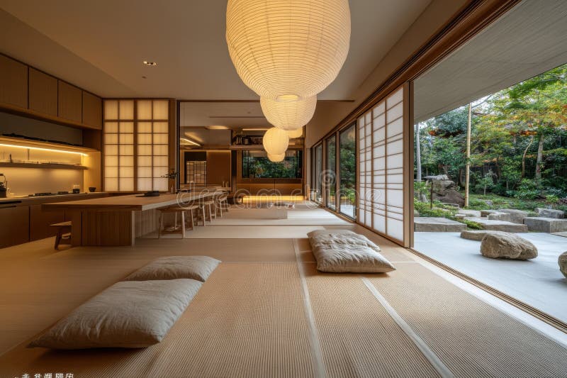 Japanese Kitchen with Tatami Mat and Paper Lanterns in an Open Concept ...