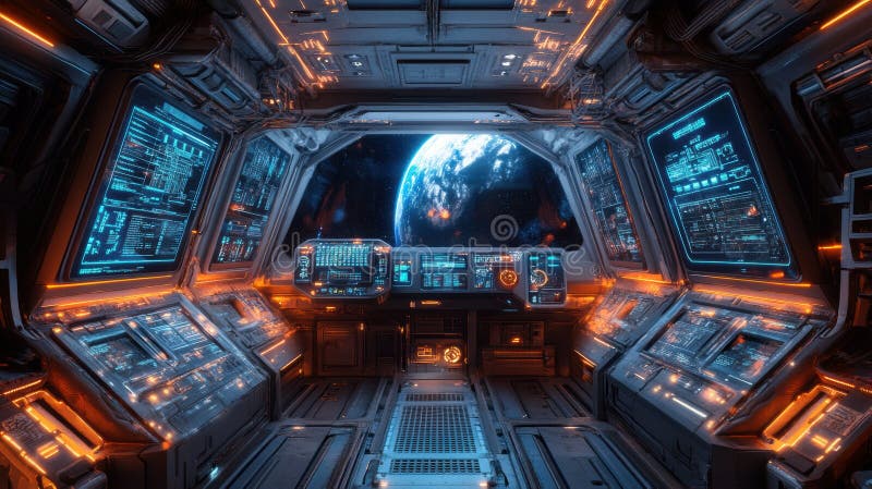 Modern Spaceship Interior with See-through Screens, Interactive ...